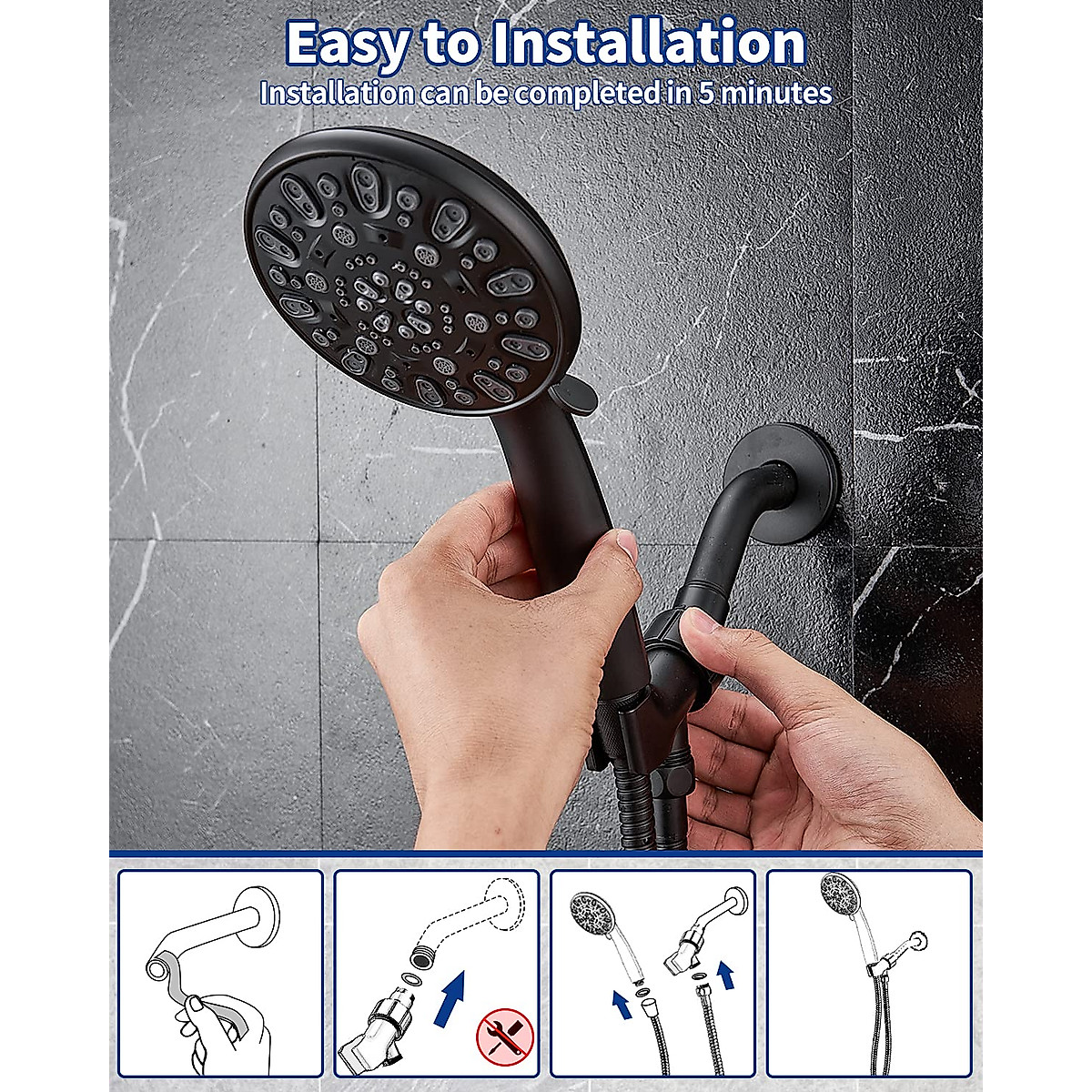 High Pressure Handheld Shower Head VMASSTONE 7-Spray Setting Showerhead Kit with 59" Stainless Steel Hose and Adjustable Mount for Showering Enjoyment Even at Low Water Flow (HM-002 Matte Black)