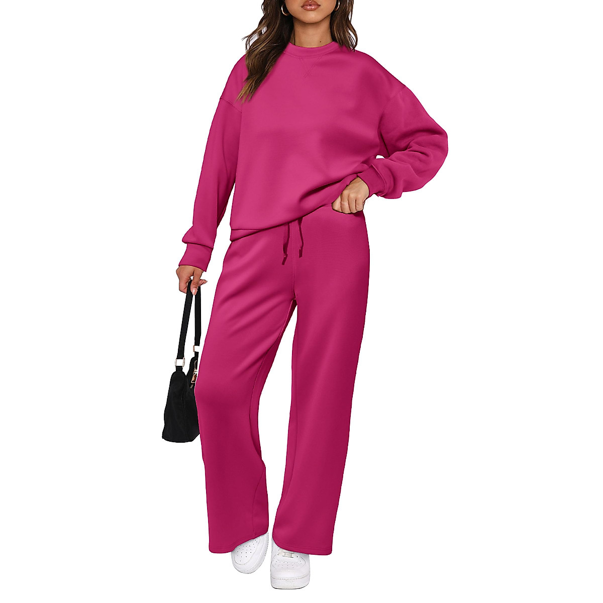 PRETTYGARDEN Women Two Piece Sweatsuits 2024 Long Sleeve Pullover Tops Wide Leg Pants Sets Matching Sweat Outfits (Rose Red,Large)