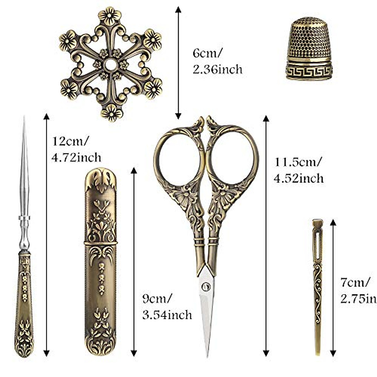 Embroidery Scissors Kits, Stainless Steel Safety Scissors, Threader with Needle Bottle, Metal Floss Bobbin, Awl, Thimble for Sewing,Cutting,Art Work,Embroidery,Needlework (Green patina)