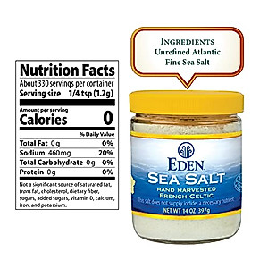 Eden Sea Salt, Hand Harvested French Celtic, Stone Ground (Fine), Trace Minerals, Unrefined, Glass Jar, 14 oz
