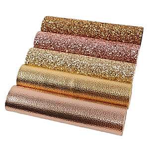 David accessories Chunky Glitter Faux Leather Sheets Metallic Grain Texture Pattern Fabric Crafts 5Pcs 7.7" x 12.9" (20 cm x 33 cm) for DIY Bows Clips Making Materials (Gold Series)