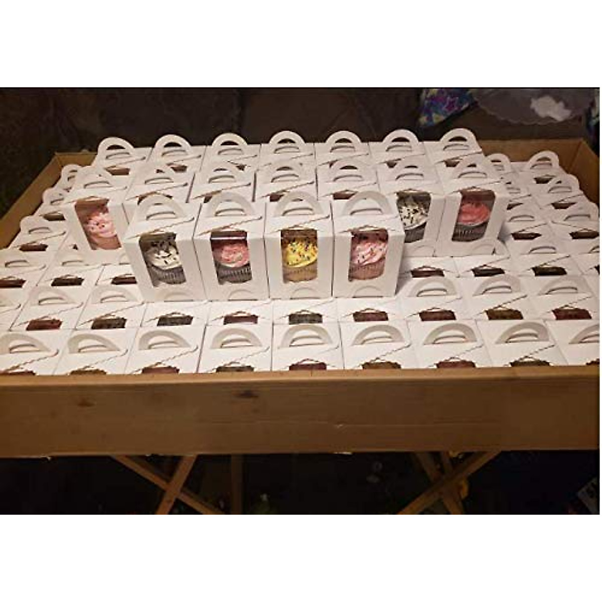 50 Pcs Single White Cupcakes Containers Gift Boxes with Window Inserts Handle for Wedding Candy Boxes