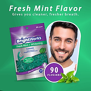 270 Piece BrightWorks Fresh Mint + Whitening Dental Flossers, with Super-Strong Floss for Adults, with Mint-Flavored Floss and Micro-Crystals, 90 Count (Pack of 3)