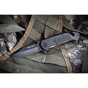 Sheffield 12870 Moab 3.5 Inch Emergency Folding Knife, Partially Serrated Drop Point Blade, Belt Cutter, Glass Breaker, Tactical EDC Pocket Knife