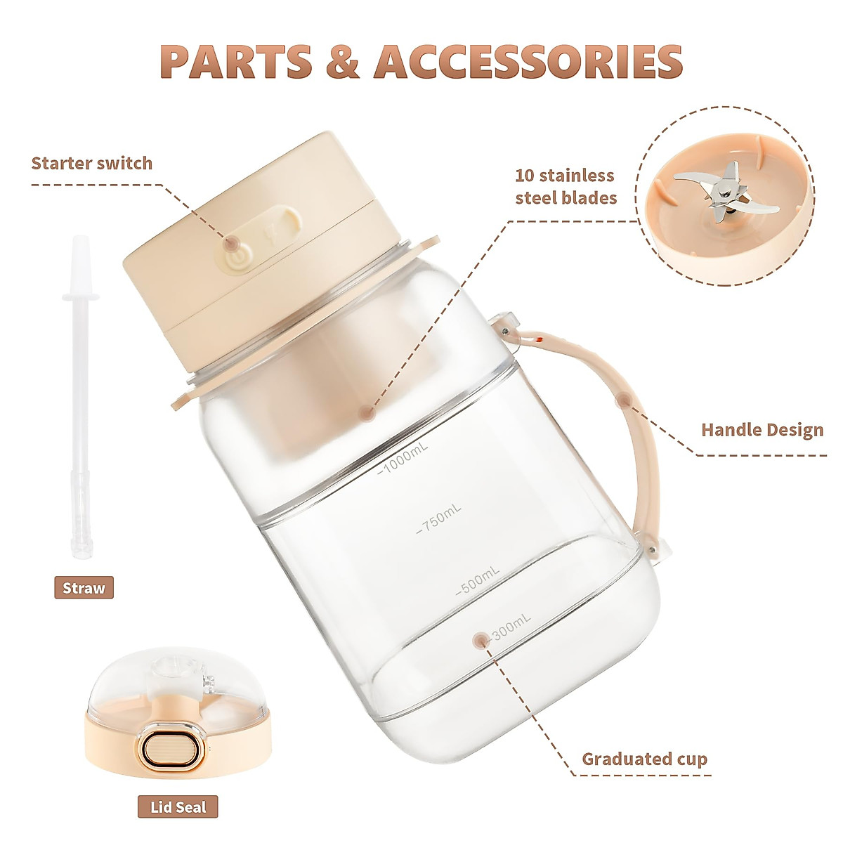 34oz Portable Blender for Shakes and Smoothies FOUSIUTIM USB Rechargeable Travel Blender Personal Size Blender with Stainless Steel Blades Juice Cup with Shoulder Strap Portable Smoothie Blender