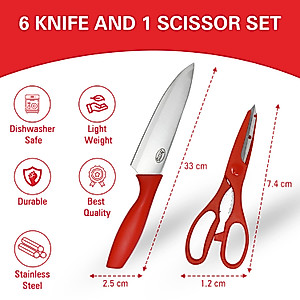 Alpine Cuisine Cutlery Stainless Steel Knife Set 7pc with Color Handle & Sheath, Ultra Sharp Kitchen Knife Set, Ergonomic Multi-Color Plastic Handle, Superb Edge Retention, Knife Set for Kitchen