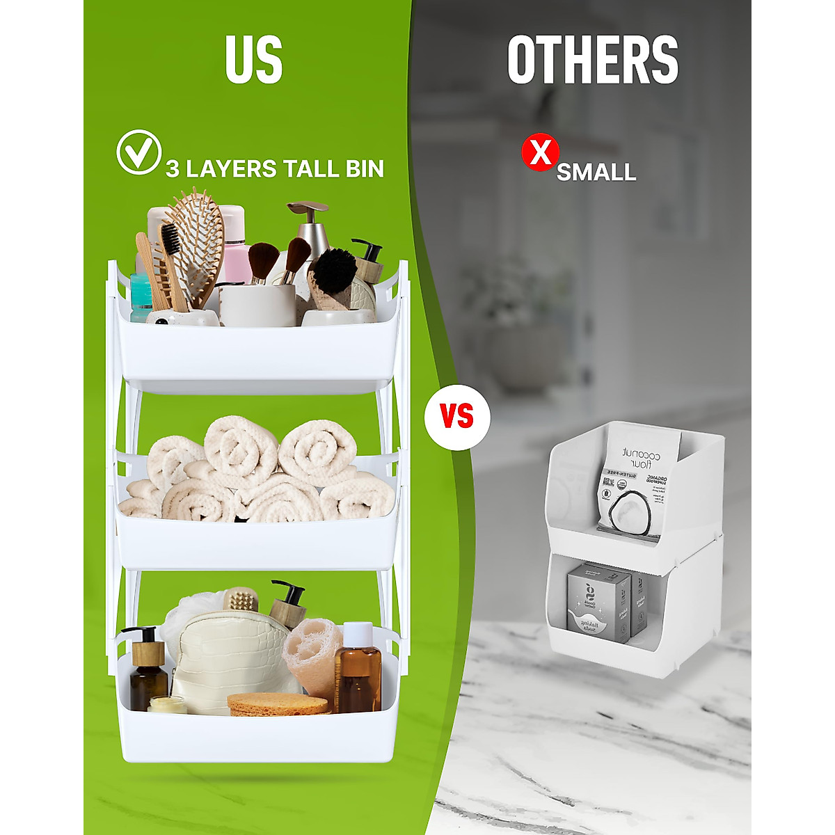 Skywin 3-Tier Plastic Stackable Storage Bins 11.4" x 11" x 19.7" with Brackets for Extra Protection - For Pantry Storage, Kitchen Storage, and Bathroom Storage (White)