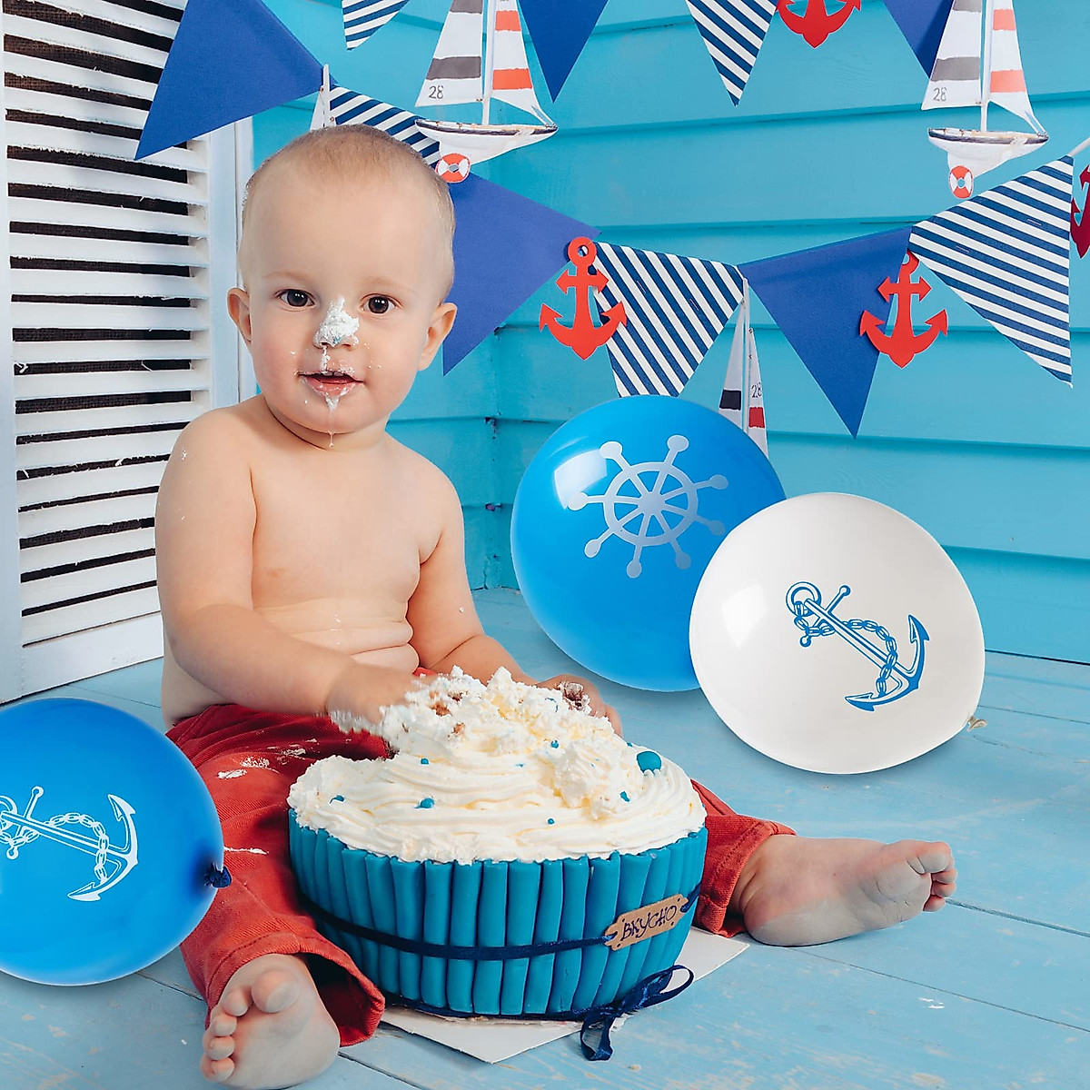 Gejoy 50 Pieces Nautical Print Latex Balloons Set Nautical Party Decorations Nautical Balloons and Silver Ribbons for Navigation Themed Birthday Baby Shower Nautical Party Favor Supplies