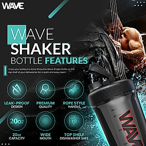 Wave Shaker Bottle 20oz | No Blender Ball Needed | Great For Pre Workout, Protein Shakes, and Cocktails | BPA Free | Rope Handle