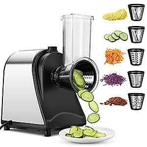 Electric Cheese Grater 250W Salad Maker 5-in-1 Professional Electric Slicer/Shredder One-Touch Control Powerful Electric Grater for Fruits and Vegetables, Cheese