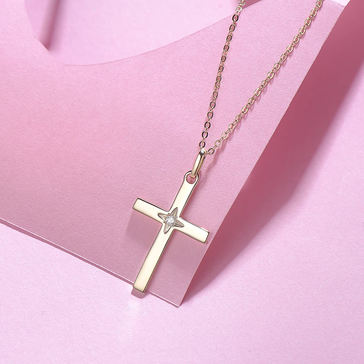 FANCIME 14K SOLID REAL Yellow Gold Star Natural Diamond 0.025ct Cross Crucifix Delicate Necklace Dainty Pendant Fine Jewelry Birthday Gifts For Women, With 16+2" Solid Gold Cable Chain