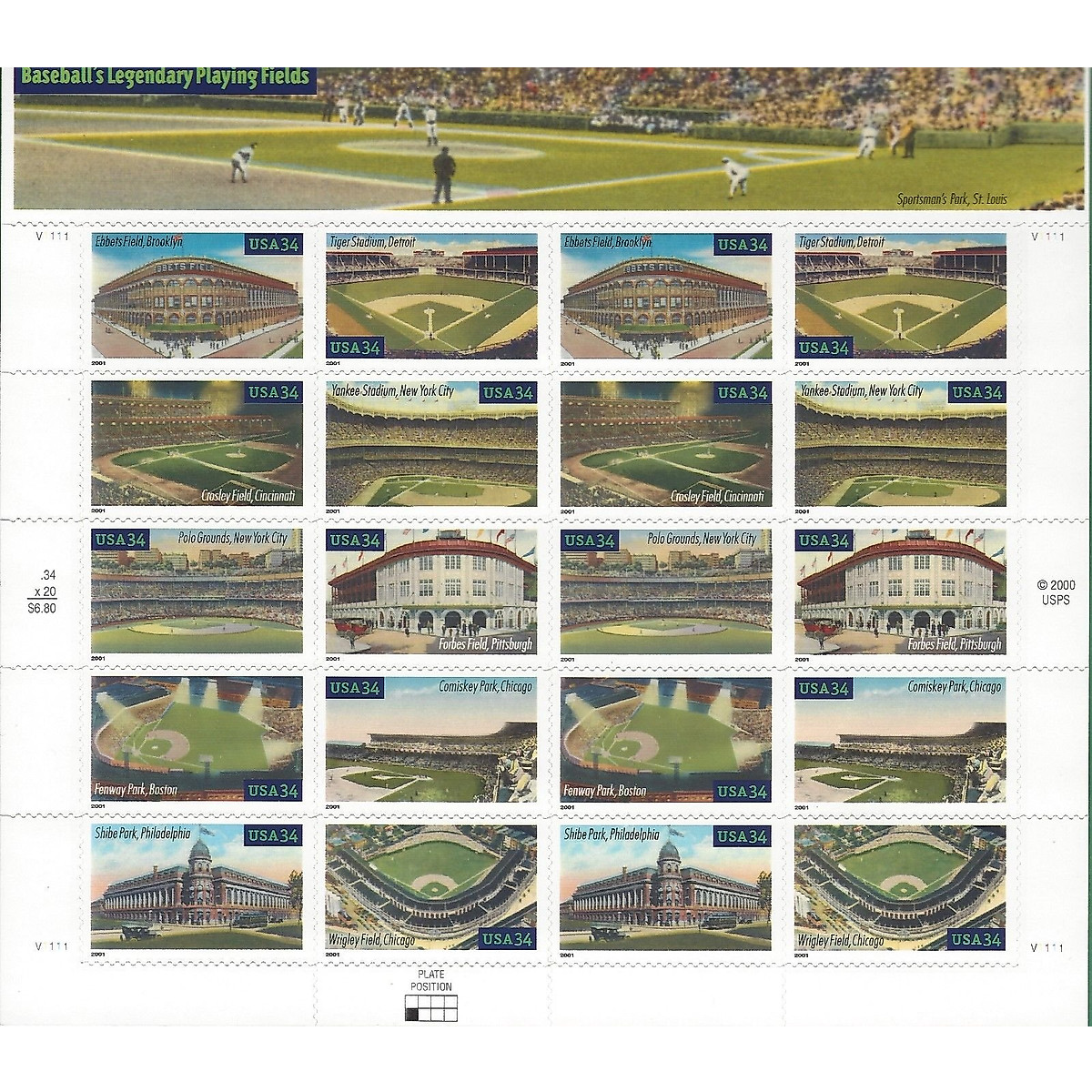 Baseball's Legendary Playing Fields (Sheet of 20) 34 Cent US Postage Stamps 2001 Scott #3510-3519