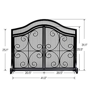 AMAGABELI GARDEN & HOME Fireplace Screen with Doors Large Flat Guard Fire Screens Outdoor Metal Furnace Fireguards Mesh Solid Wrought Iron Fire Place Panels Wood Burning Stove Accessories Black