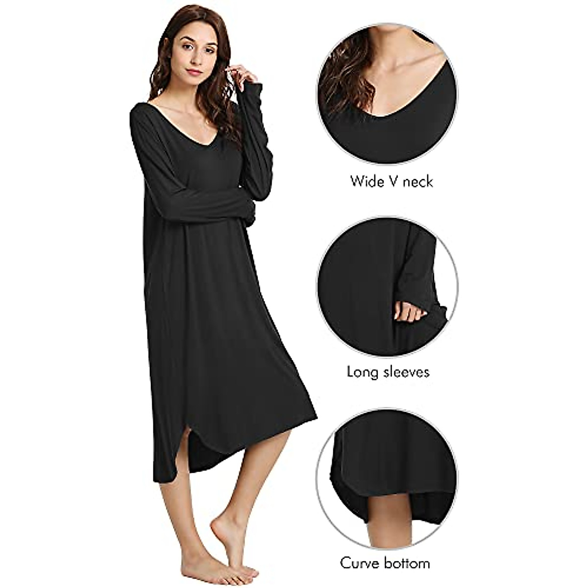 WiWi Viscose from Bamboo Nightgowns for Women Soft Long Sleeve Sleep Shirt Plus Size Pajamas S-4X, Black, 3X