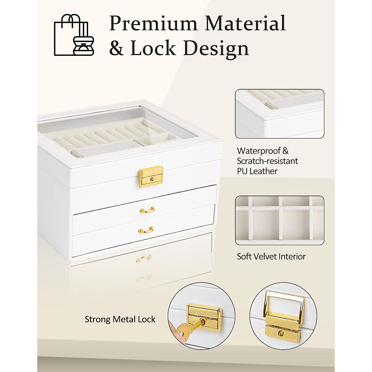 SIMBOOM Jewelry Boxes for Women with Glass Lid Top 3-Layer Jewelry Organizer Box 2 Drawers with Lock&Key for Earring Ring Necklace Bracelet Watch Christmas Valentin’s Day Gift Present for Her Wrapped in Box