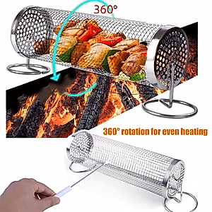 Grill Basket 2 PCS, 360 degree Rolling Grilling Basket, BBQ Grill Baske, Stainless Steel Grill Mesh Barbeque Grill Accessories, Vegetables, Fries (2 Pcs 30x9x9cm)