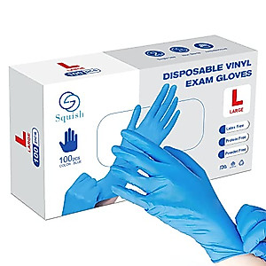 squish Disposable Gloves, 100Pcs Blue Vinyl Blend Exam Gloves Non Sterile, Powder Free, Latex Free - Cleaning Supplies, Kitchen and Food Safe(Pack of 100) (Blue Large)