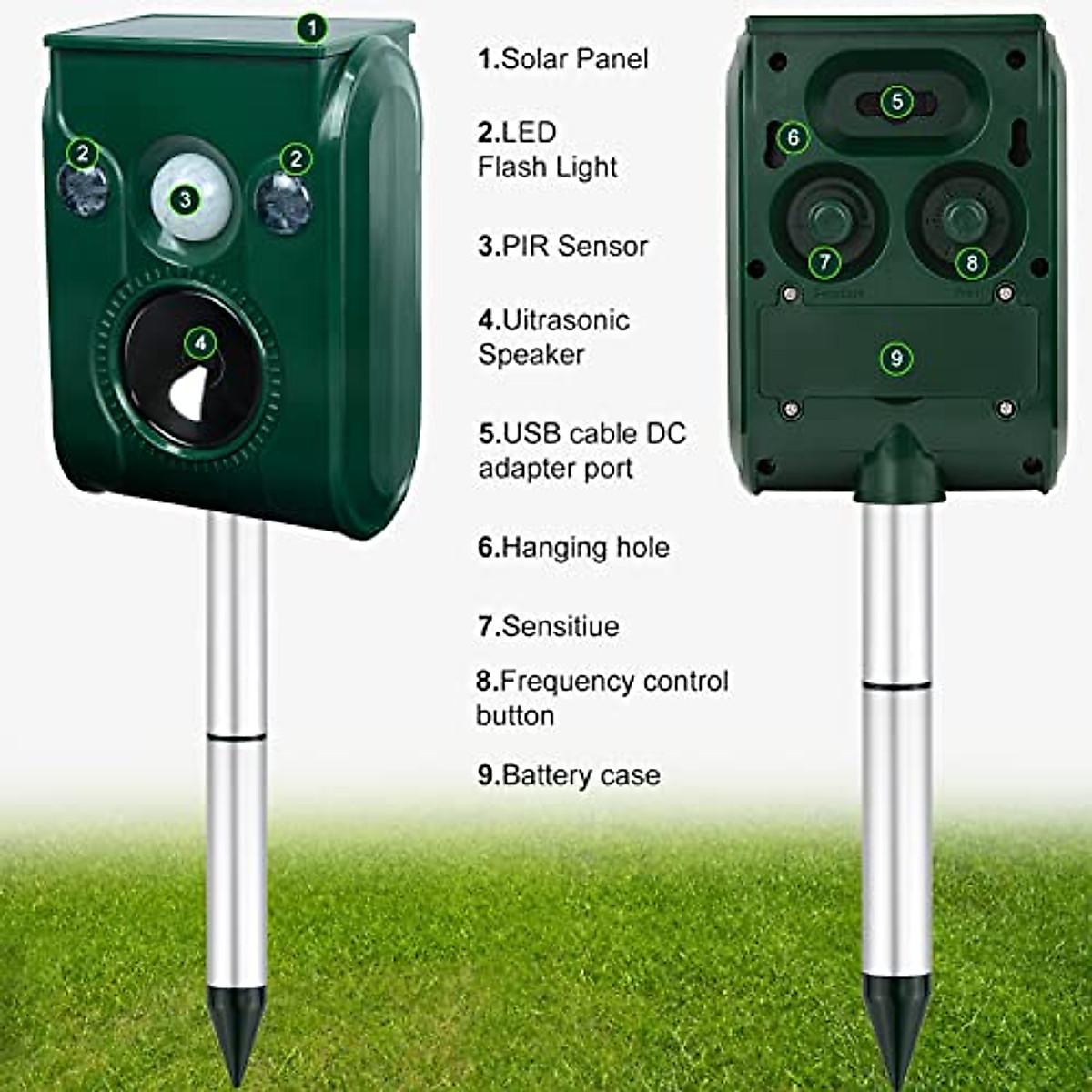 2-Pack Solar Animal Repeller, Ultrasonic Animal Repellent, Outdoor Cat Repellent,Motion Detection, LED Flashing Light,Alarm Sound Scare Away Dog,Rodent,Fox,Deer,Squirrel,Raccoon,Skunk,Rabbit,etc.