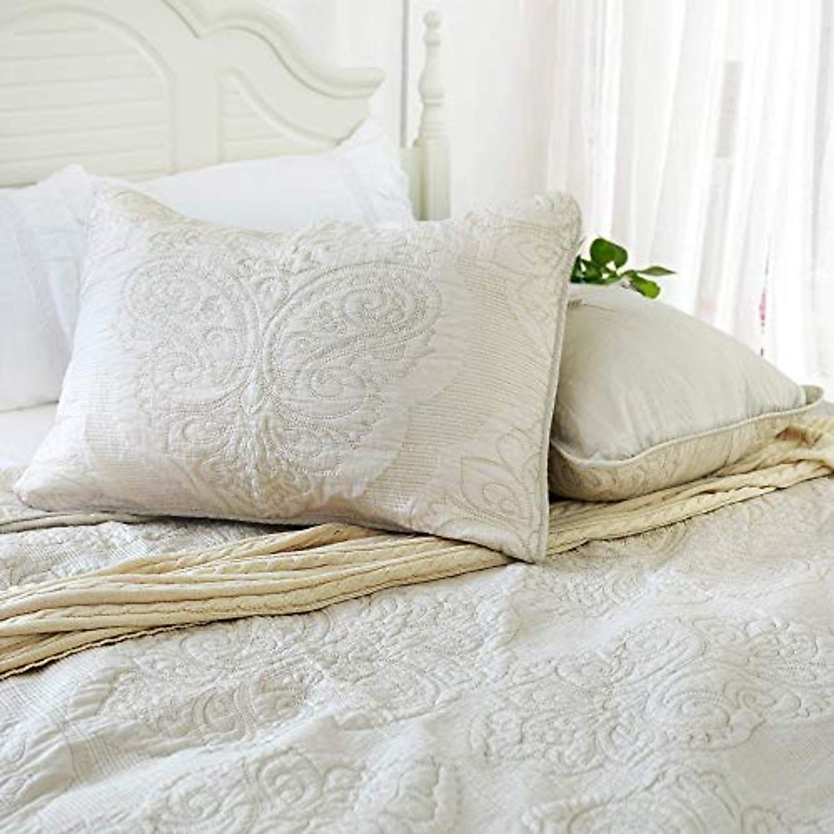 Brandream 5Pcs Beige Paisley Quilted Comforter Set King Size Bed Quilt Set Cotton Bedspread Coverlet Set