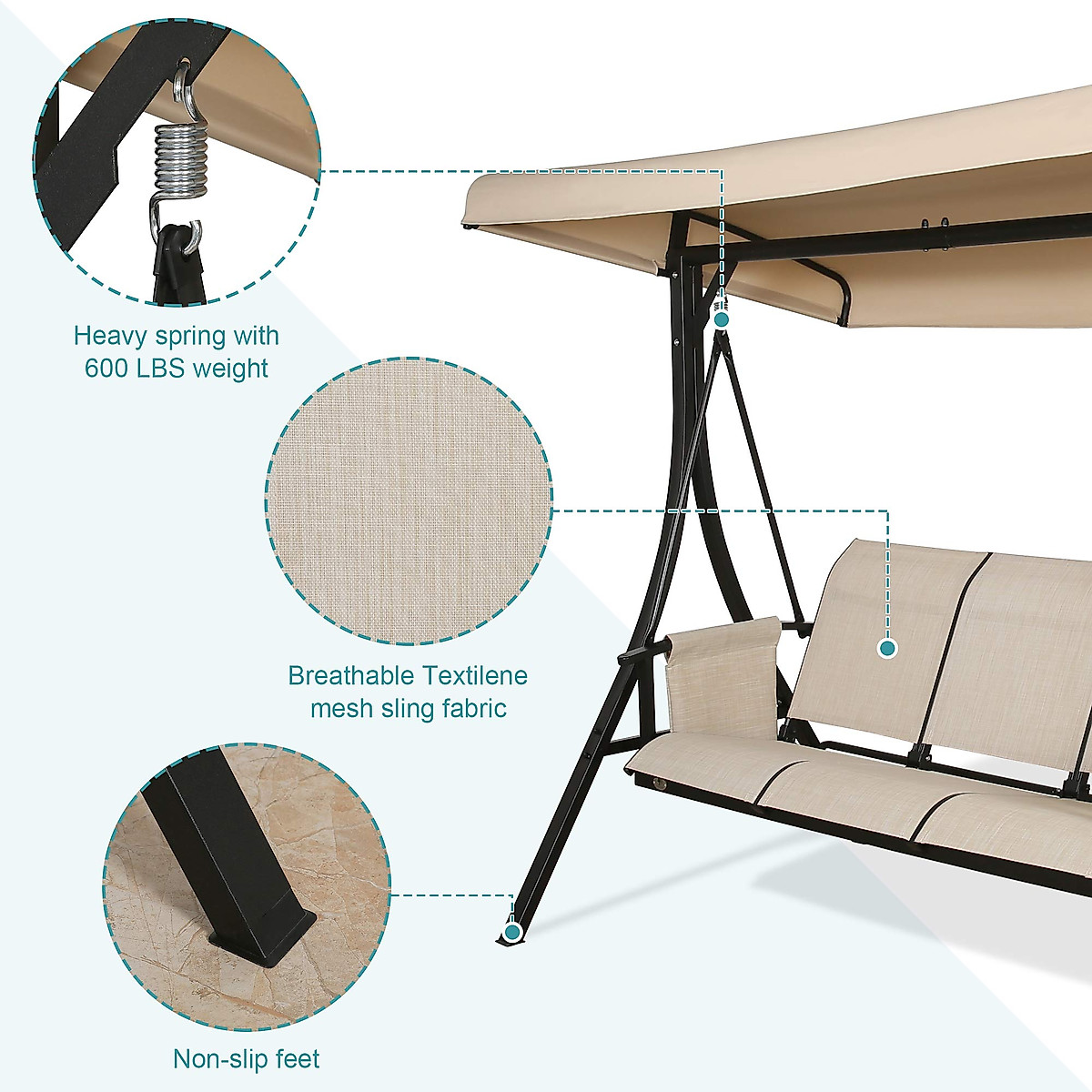 Patio 3-Seat Textilene Porch Swing, Outdoor Swing Glider with Stand and Adjustable Polyester Canopy (Beige)