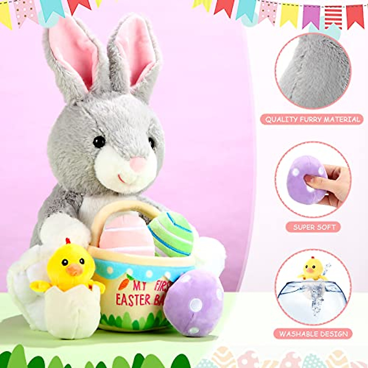 6 Pieces My First Plush Egg Basket 14 Inch Plush Easter Bunny Rabbit Stuffed Animal with Plush Easter Chick Eggs for Easter Theme Party Favor, Easter Eggs Hunt, Basket Stuffers Fillers Gifts