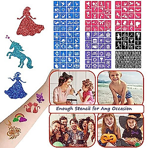 Temporary Glitter Tattoos Kids,32 Glitter Colors and 6 Fluorescent Colors,165 Stencils,2 diamond stickers,3 Glue,5 Brushes,1 Powder Puff,Adults and Kids Arts Glitter Kit,Holiday Gifts for Girls&Boys.