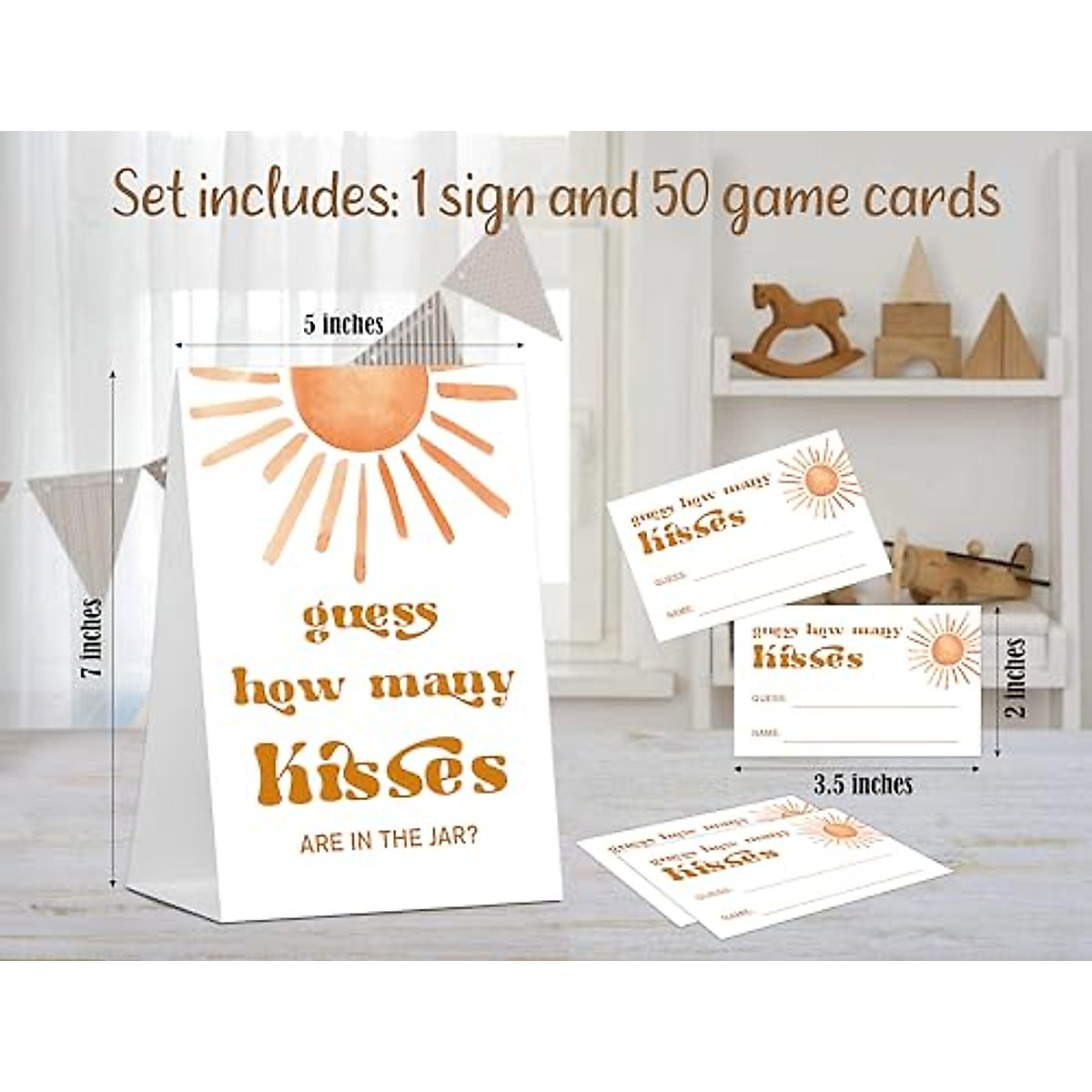 Guess How Many Game Guess How Many Kisses Game, 1 Standing Sign and 50 Cards, Here Comes the Sun, Sunshine Gender Neutral Baby Shower Decoration, Gender Reveal Party, Bridal Shower Favor Supplies-LT9