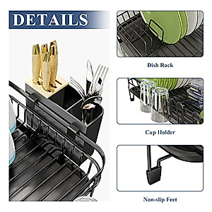 PXRACK Dish Drying Rack, Expandable(12.8"-21.5") Dish Rack with Utensil Holder Cup Holder, Stainless Steel Dish Rack and Drainboard Set for Kitchen Counter, Black