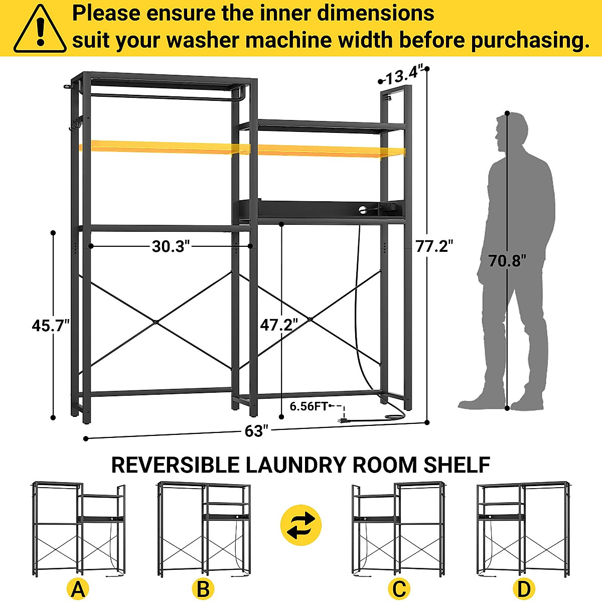 Aheaplus Over Washer and Dryer Shelves with Power Outlet, 4 Tiers Space Saver Laundry Room Storage and Organizer Standing Shelf, Metal Clothes Drying Rack with 1 Hanger Rod, 63" W x 77.2" H, Black