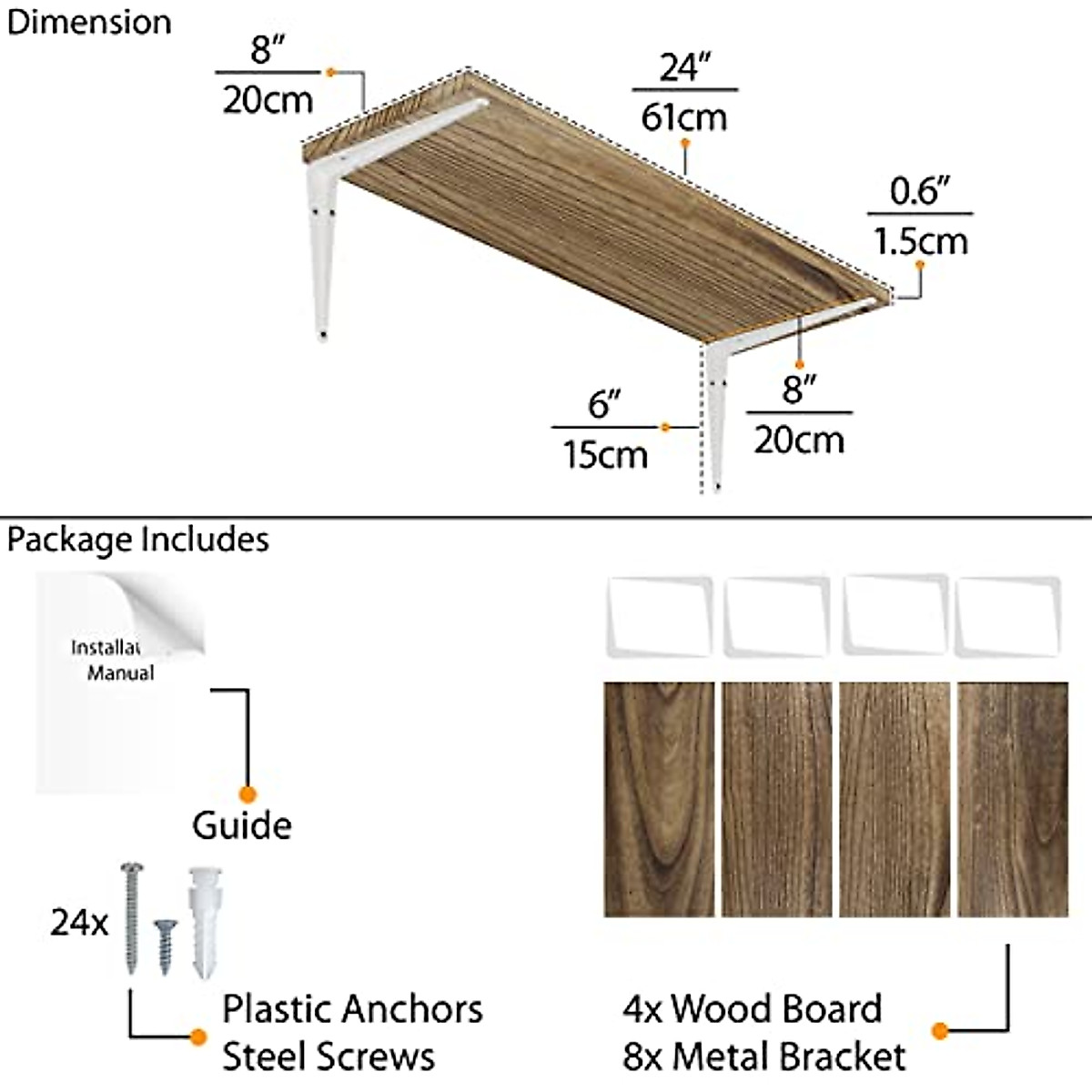 Wallniture Arras 24" Floating Shelves for Wall Storage, Wall Bookshelves Living Room Decor, Kitchen Organization, Office Decor, Wall Shelf Set of 4 White Bracket