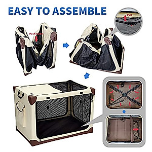 Pecait Soft Collapsible Dog Crate, 42 Inch Portable Travel Dog Crate for Extra Large Dogs 4-Door Durable Breathable Mesh Window Indoors Outdoors Kennel with 2 Foldable Dog Bowls (Beige)
