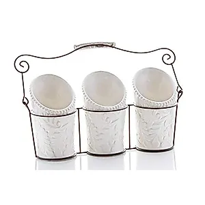 iEnjoyware Kitchen Tool Crock (4 Pieces) - 3 Ceramic Utensil Holders (4" Dia x 7" H each) & 1 Metal Caddy - White & Embossed Design