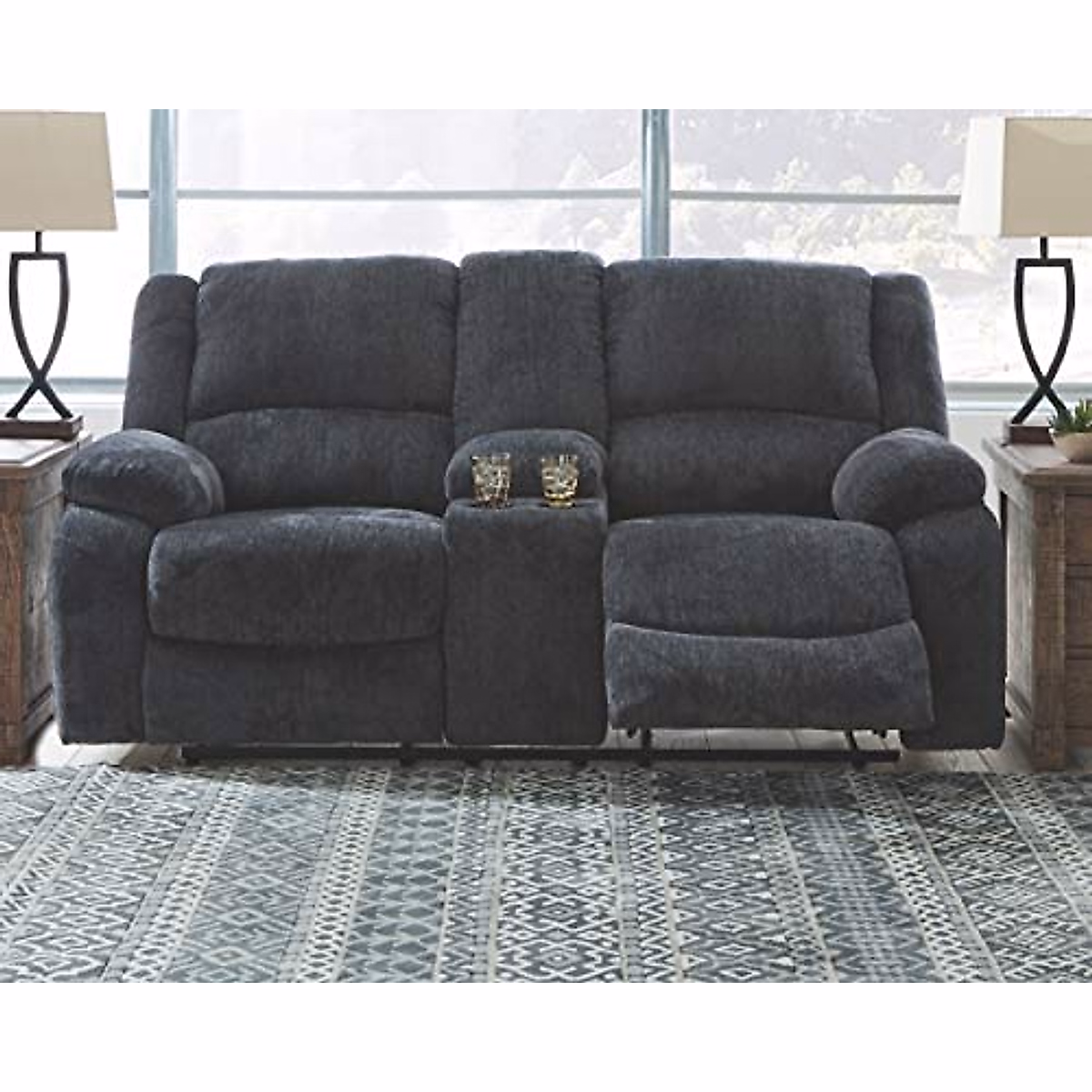 Signature Design by Ashley Draycoll Contemporary Double Reclining Manual Loveseat with Center Console, Dark Gray
