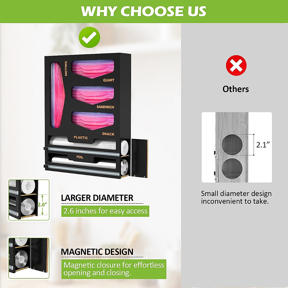 LUYABA 6 in 1 Bag Organizer and Wrap Dispenser with Magnetic Lid - Plastic Wrap Dispenser with Cutter for Kitchen Drawer, Storage for Gallon, Quart, Sandwich, Snack Bags, and Foil Black