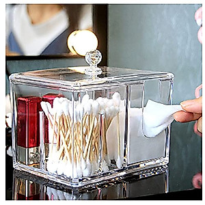 SPINSM Qtip Holder 4 Partitions Square Cotton Ball Holder Clear Acrylic Modern Bathroom Organizer With Lid Jars Storage Canister Jar Bathroom Accessories for Cotton Swabs, Makeup Pads, Cosmetics