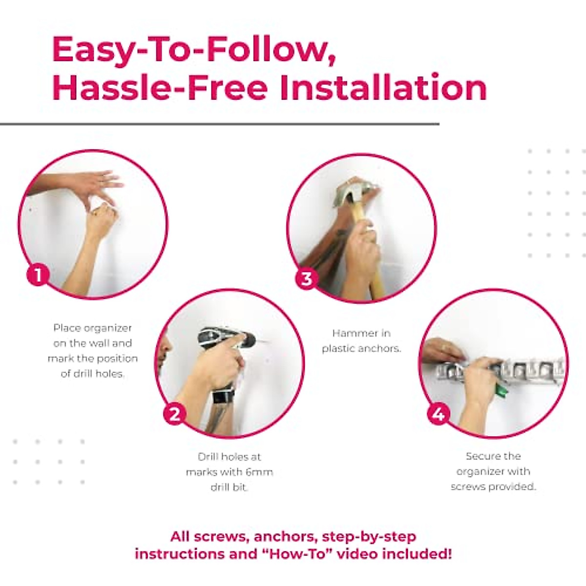 Berry Ave Broom Holder Wall Mount and Garden Tool Organizer, Closet Storage, Kitchen Rack, Home Organization and Garage Organizer for Rake or Mop Handles Up to 1.25-Inches, Hanger Plus 6 Hooks (Grey)