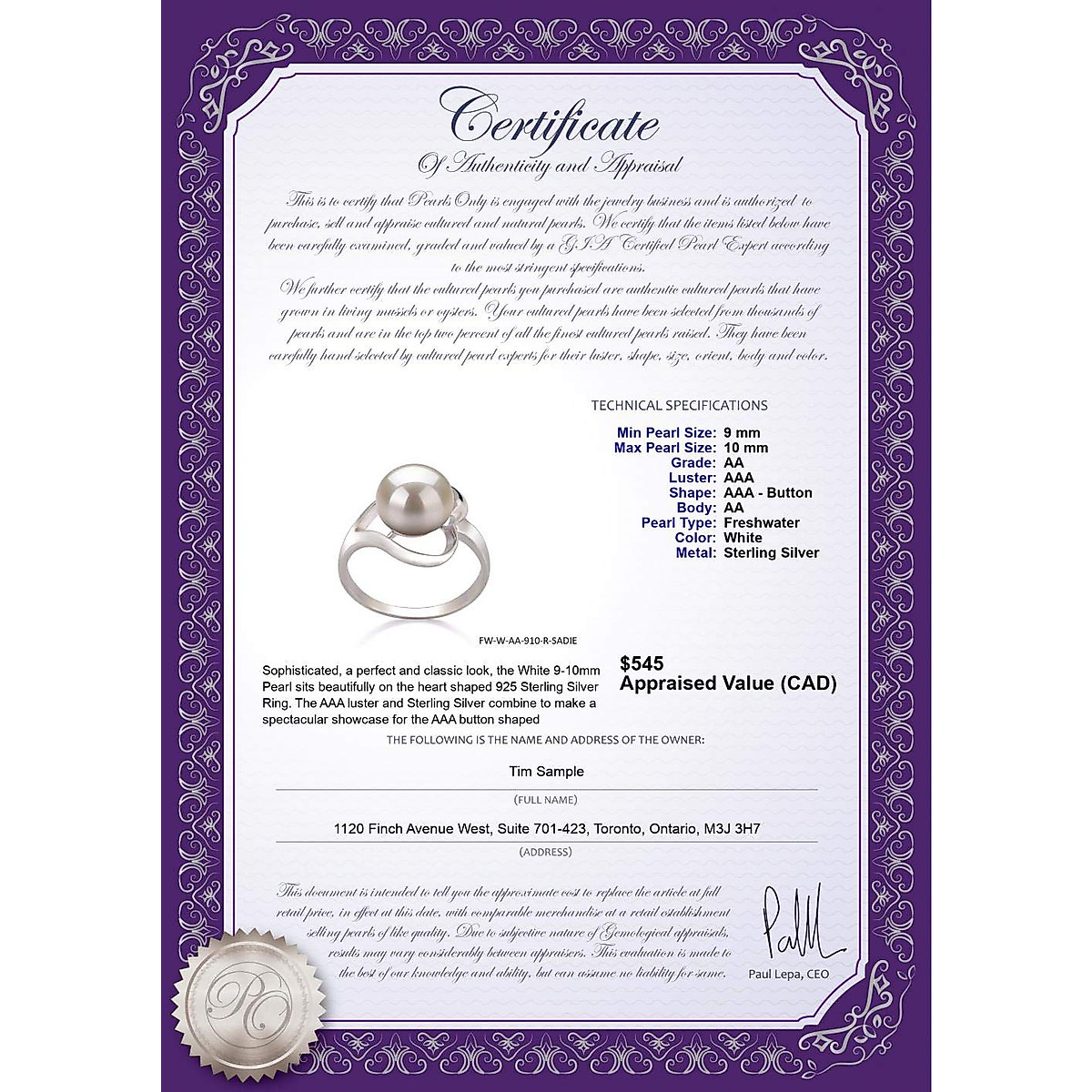 Sadie White 9-10mm AA Quality Freshwater 925 Sterling Silver Cultured Pearl Ring For Women - Size-7