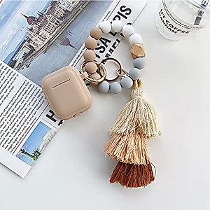 Gtinna Fashion Cute Stripe for Apple AirPods 1&2 Case,Silicone Case for AirPods Wireless Charging Case with Silicone Beaded Bracelet Colorful Tassel Charm Keychain Accessories (Khaki)