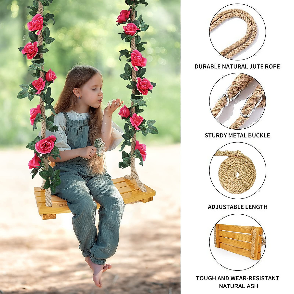 Premkid Wooden Swing, Swing Seat 18"x 8"x 1.4", Tree Swing for Adults and Kids, Indoor Swing with Rose Garland, Adjustable Hemp Rope Plus Tree Straps 100 inch, Swing Set for Indoor Outdoor