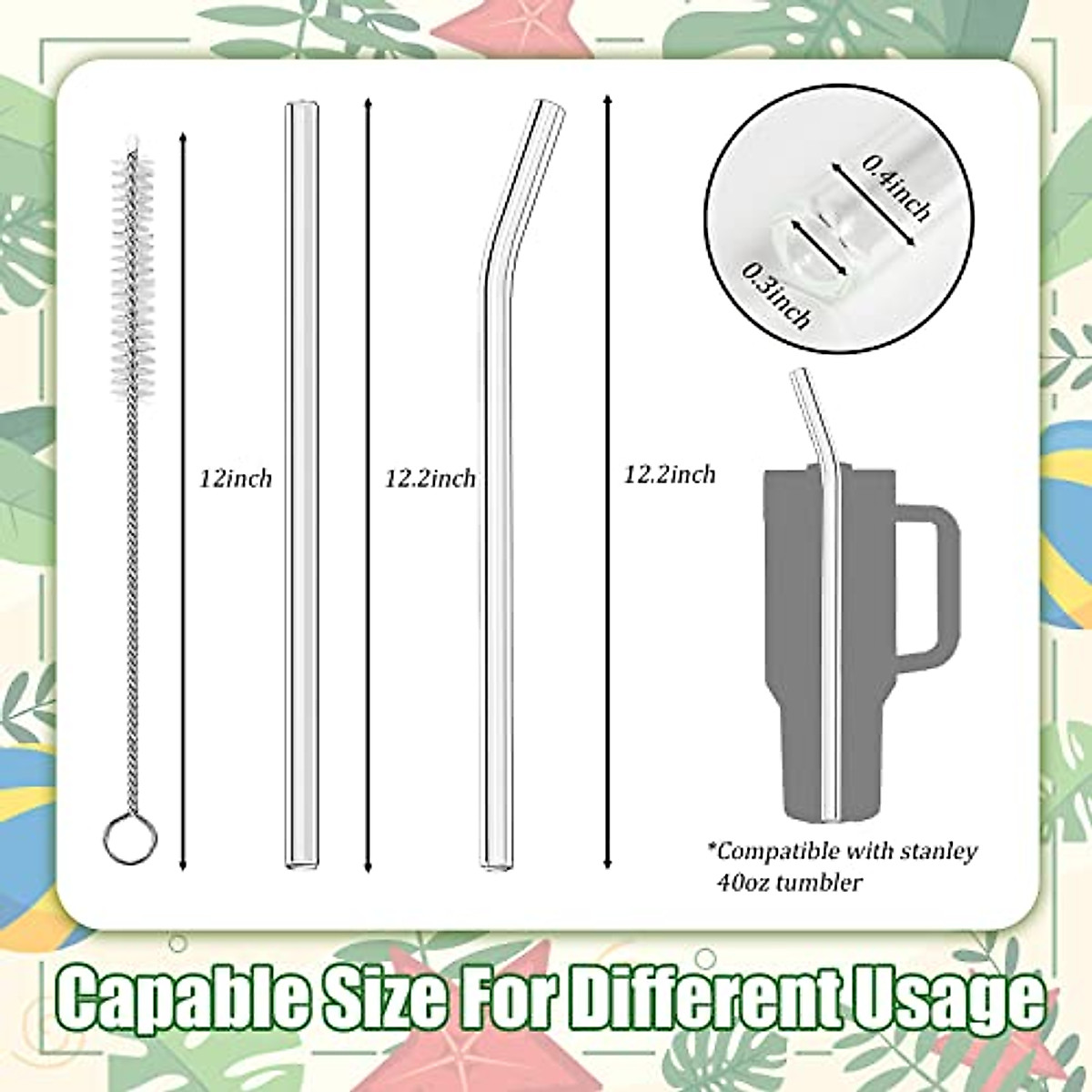 Reusable Glass Straws, Replacement Straws Compatible with 40 oz Stanley Tumbler, 4 pack Wide Straws with Cleaning Brush for Smoothies, Long Straws for Stanley Cup Accesspries, Dishwasher Safe