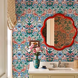 JiffDiff Vintage Wallpaper Peel and Stick Watercolor Floral Botanical Morris Wallpaper Strawberry Thief Easy Peel Off Wallpaper for Bedroom Mural Wall Decor Self-Adhesive 17.7in x 9.8ft