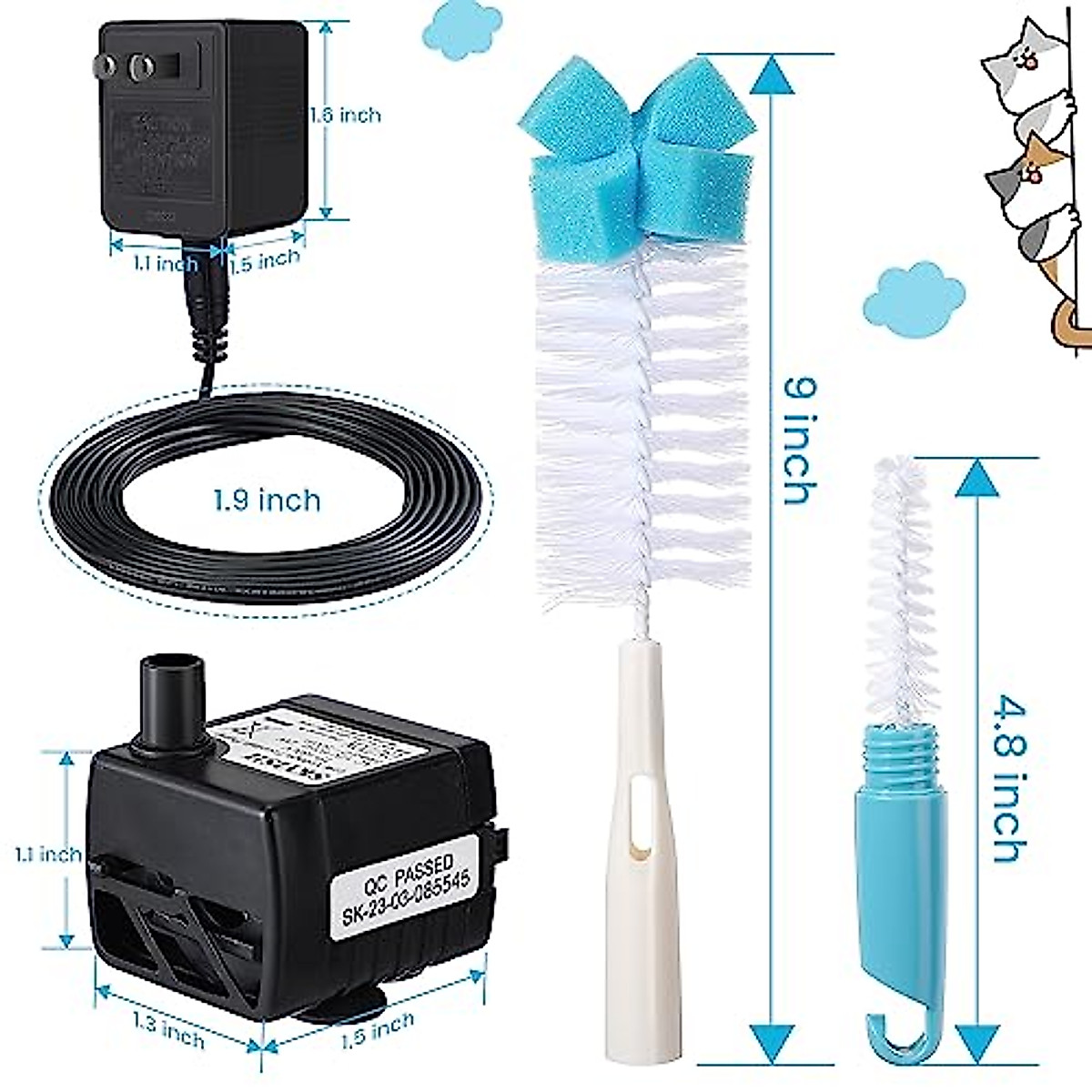 Dreyoo Pet Water Fountain Pump Compatible with PioneerPet Smartcat Fountain, Cat Water Fountain Pump Replacement with Cleaning Brush Kit for Cat Water Dispender Pet Drinking Fountain