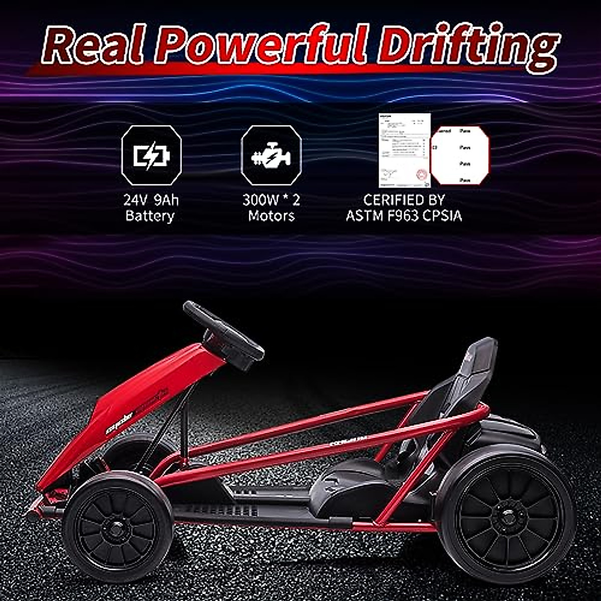 24V Go Kart for Kids 8-12 Years, 300W*2 Extra Powerful Motors, 9Ah Large Battery 8MPH High Speed Drifting with Music, Horn,Max Load 175lbs Outdoor Ride On Toy for Teens,Red