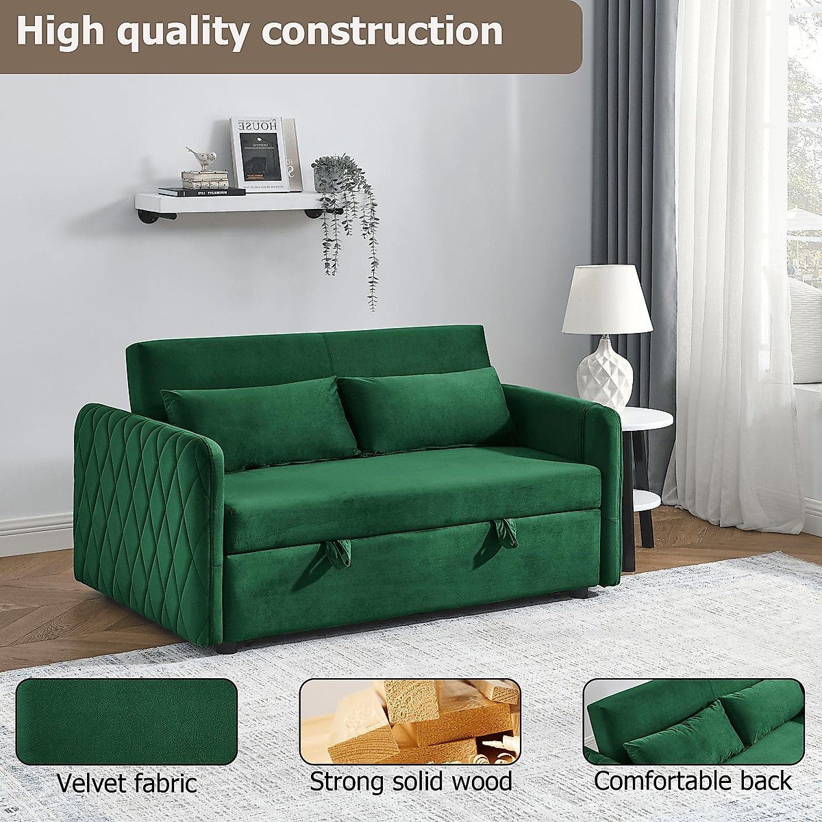 Hison 3 in 1 Sleeper Sofa Couch Bed Modern Convertible Sofa Bed Pull Out Sofa with 3-Level Adjustable Backrest with 2 Pillows and 2 Pockets,Green
