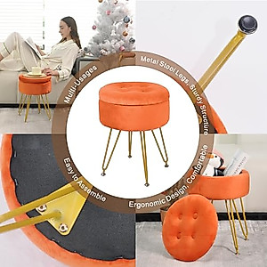 YLCHHOMY Round Vanity Stool with Storage, Velvet Storage Ottoman Footrest Stool Chair Holds up to 300 lb Small Soft Makeup Stool Modern Dressing Stool for Bedroom, Living Room, Bathroom -Orange