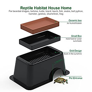 Black Reptile Warm Hideout Home House for Snake, Gecko, Lizard, Chameleon, Tortoise, Frog with Hollowed Out Design to Shading & Water Supply and Air Humidified Ceramic Box. (M)