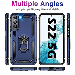 Vaki for Samsung Galaxy S22 5G Case with Built in Screen Protector Military Grade Hard Rugged Cover Heavy Duty Armor Galaxy S22 Phone Cases with Metal Ring Kickstand Shockproof Blue