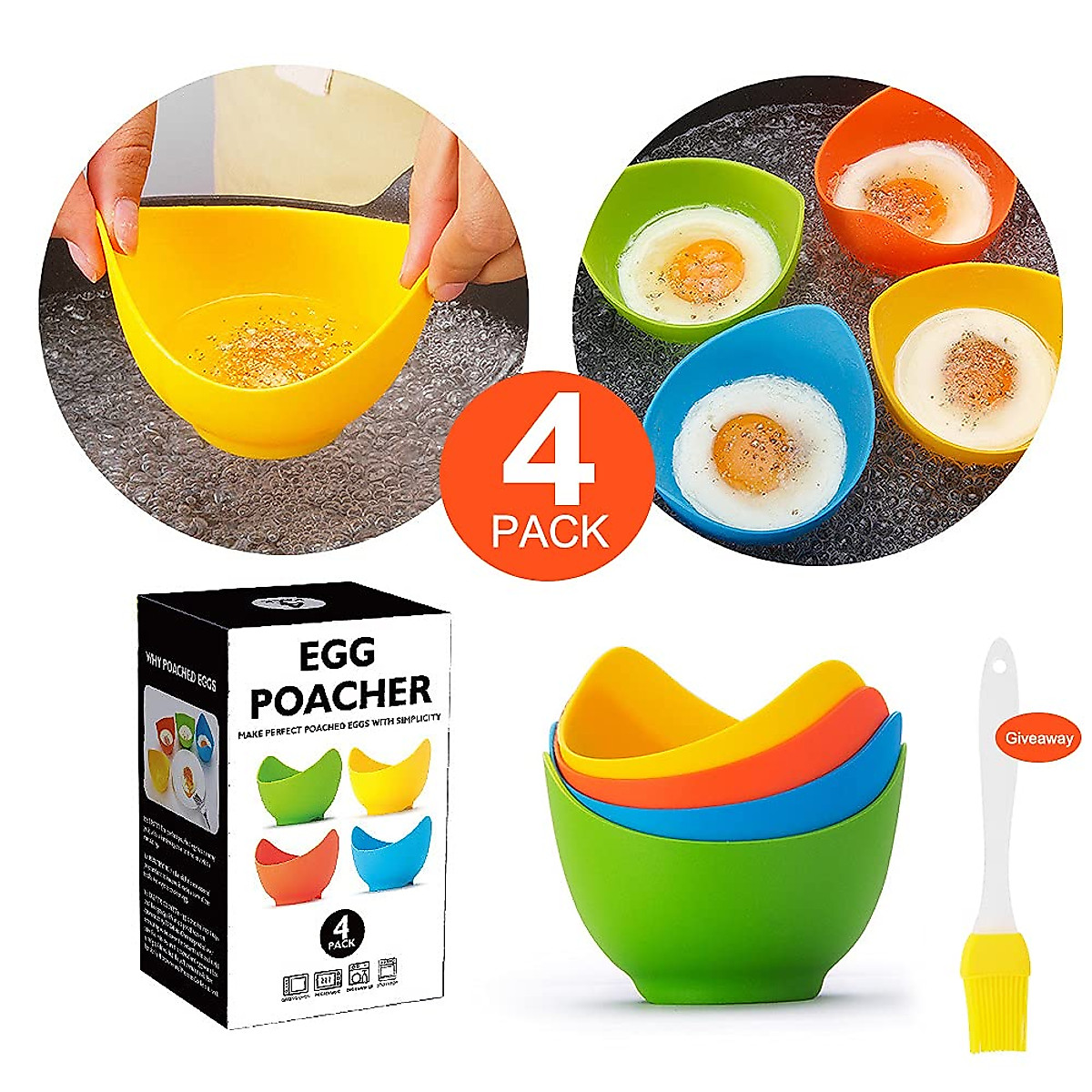 Guppy Egg Poacher Food Grade Nonstick Silicone Cups Egg Poaching Poached Egg Cooker with Ring Standers for Microwave or Stovetop Eggs Boiler Molds Poachers, BPA Free, Extra Silicone Oil Brush, 4 Pack