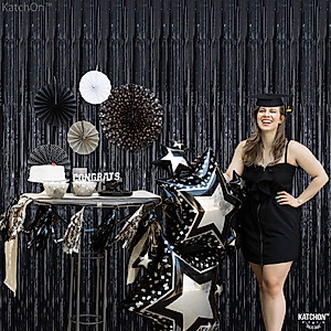 KatchOn XtraLarge Foil Black streamers - 3.2x10 Feet, Pack of 2 | Black Backdrop for Black Birthday Decorations | Black Backdrop Curtain, Black Fringe Backdrop for Graduation Decorations Class of 2024