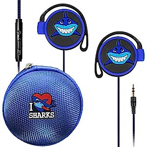 GOGOSINIS Earbuds Set with Case for Kids for School, Wired Over-Ear 3.5mm Headphones for Phone and PC, Wrap Around Ear Buds with Earhook for Kids 3-8, Comfortable Earphones with Hook.(Blue-Shark)